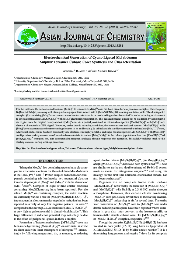 (PDF) Electrochemical Generation of Cyano Ligated Molybdenum Sulphur ...