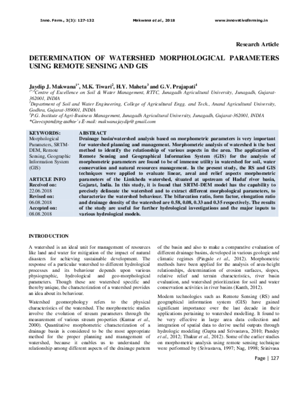 (PDF) DETERMINATION OF WATERSHED MORPHOLOGICAL PARAMETERS USING REMOTE ... (PDF) DETERMINATION OF WATERSHED MORPHOLOGICAL PARAMETERS USING REMOTE ...