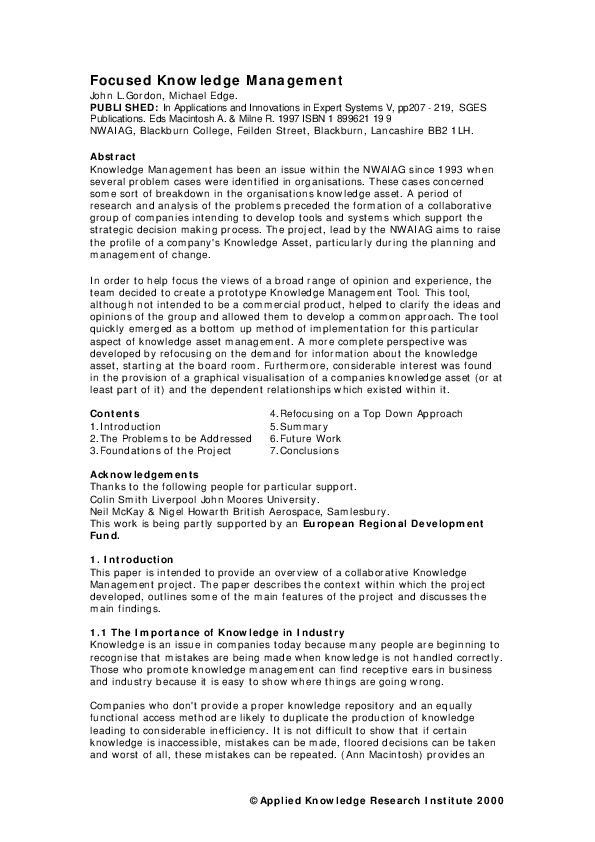(PDF) Focused knowledge management, in
