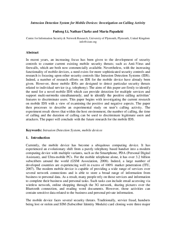 (PDF) Intrusion Detection System for Mobile Devices: Investigation on Calling Activity