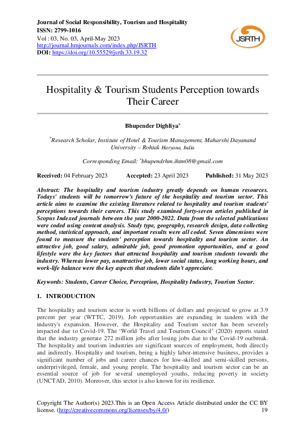 (PDF) Hospitality & Tourism Students Perception towards Their Career