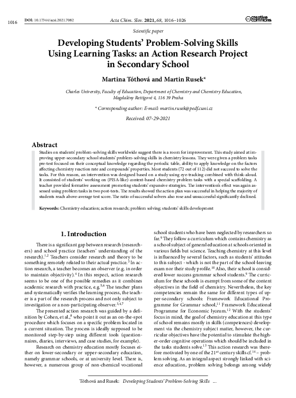 (PDF) Developing Students’ Problem-Solving Skills Using Learning Tasks: an Action Research ...