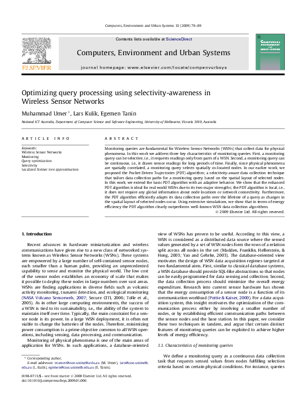 (PDF) Optimizing query processing using selectivity-awareness in Wireless Sensor Networks