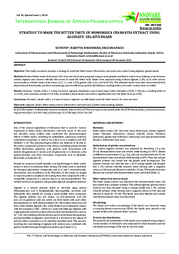 Pdf Strategy To Mask The Bitter Taste Of Momordica Charantia Extract Using Alginate Gelatin Beads