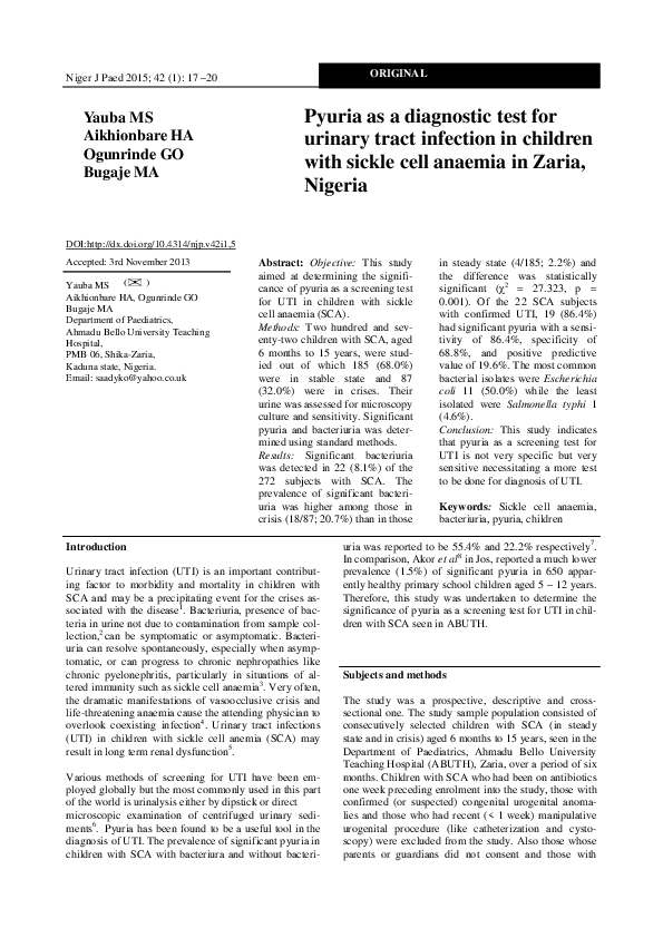 (PDF) Pyuria as a diagnostic test for urinary tract infection in ...