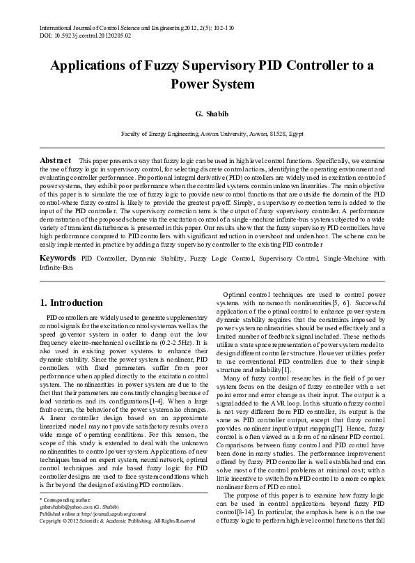 (PDF) Applications of Fuzzy Supervisory PID Controller to a Power System