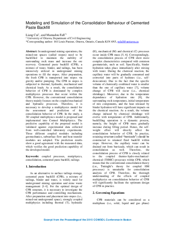Pdf Modeling And Simulation Of The Consolidation Behaviour Of Cemented Paste Backfill
