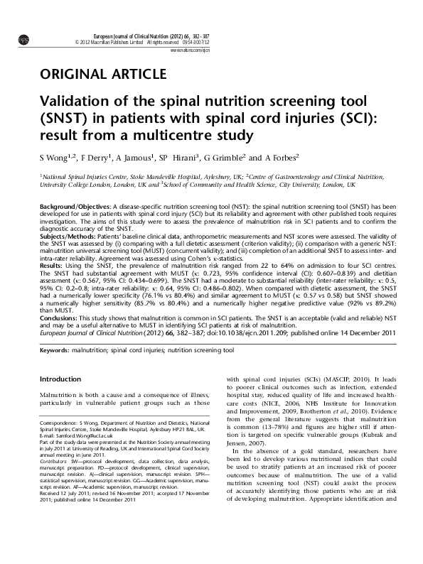 (PDF) Validation of the spinal nutrition screening tool (SNST) in patients with spinal cord ...