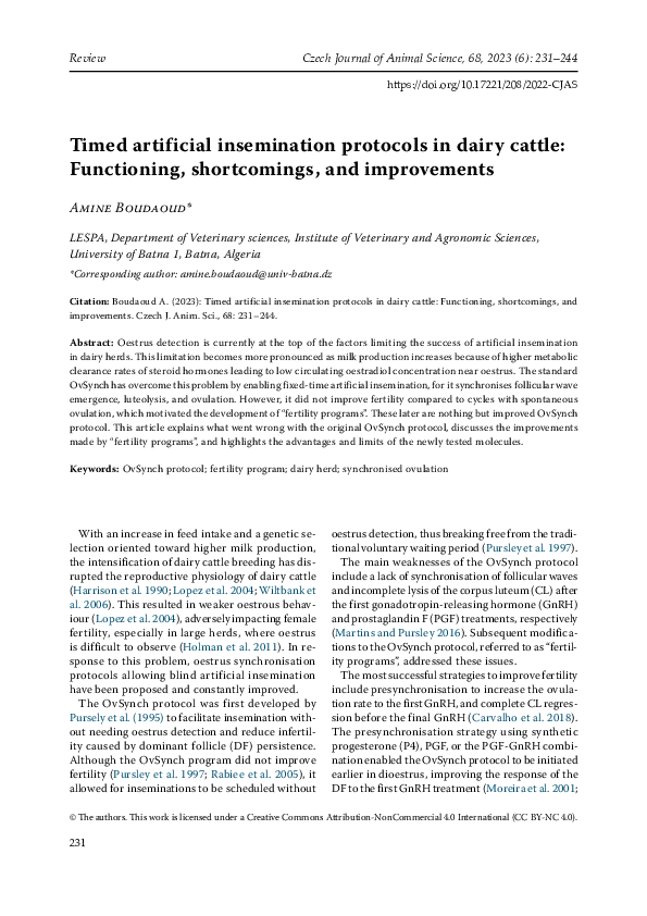 Pdf Timed Artificial Insemination Protocols In Dairy Cattle Functioning Shortcomings And
