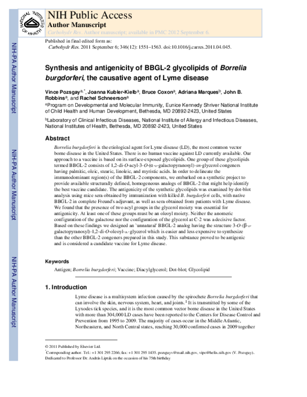 (PDF) Synthesis and antigenicity of BBGL-2 glycolipids of Borrelia ...
