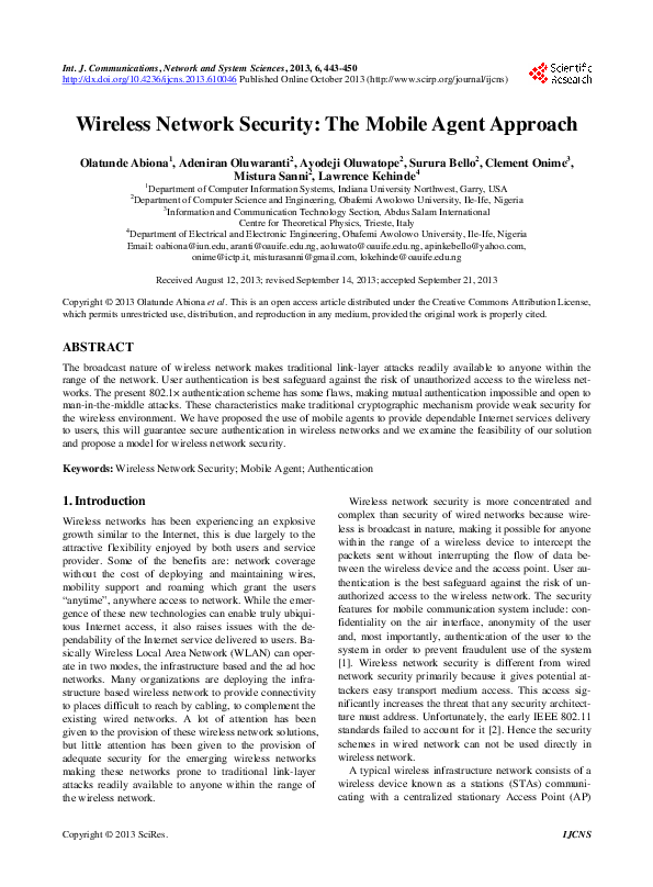 (PDF) Wireless Network Security: The Mobile Agent Approach