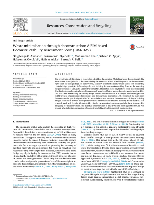 (PDF) Waste minimisation through deconstruction: A BIM based ...