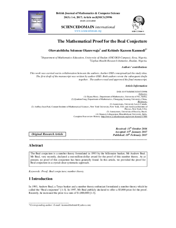 (PDF) The Mathematical Proof for the Beal Conjecture
