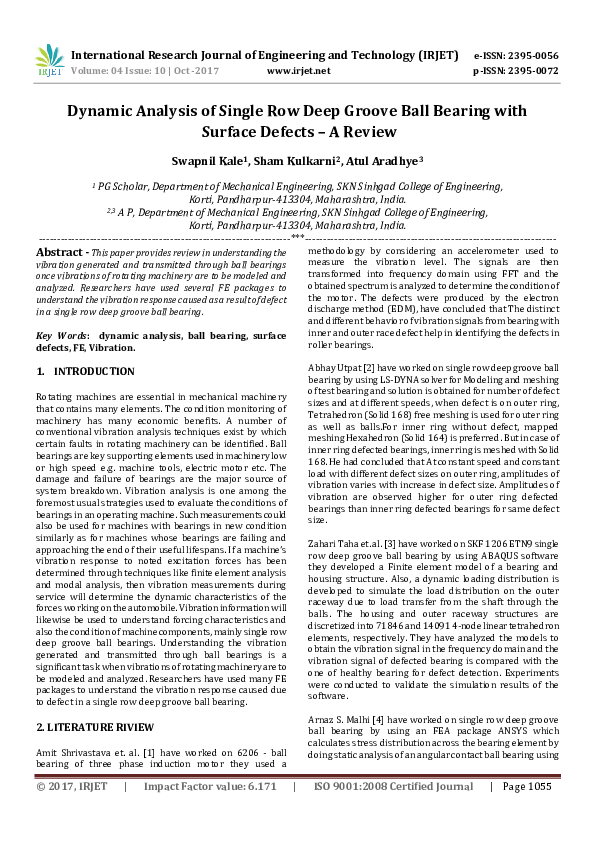 (PDF) Dynamic Analysis of Single Row Deep Groove Ball Bearing with Surface Defects – A Review