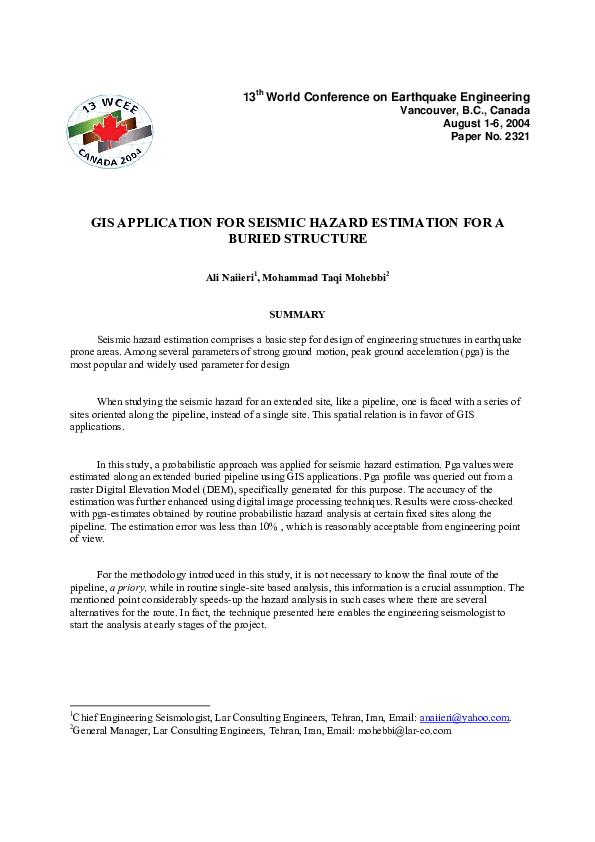 (PDF) Gis Application for Seismic Hazard Estimation for a Buried Structure