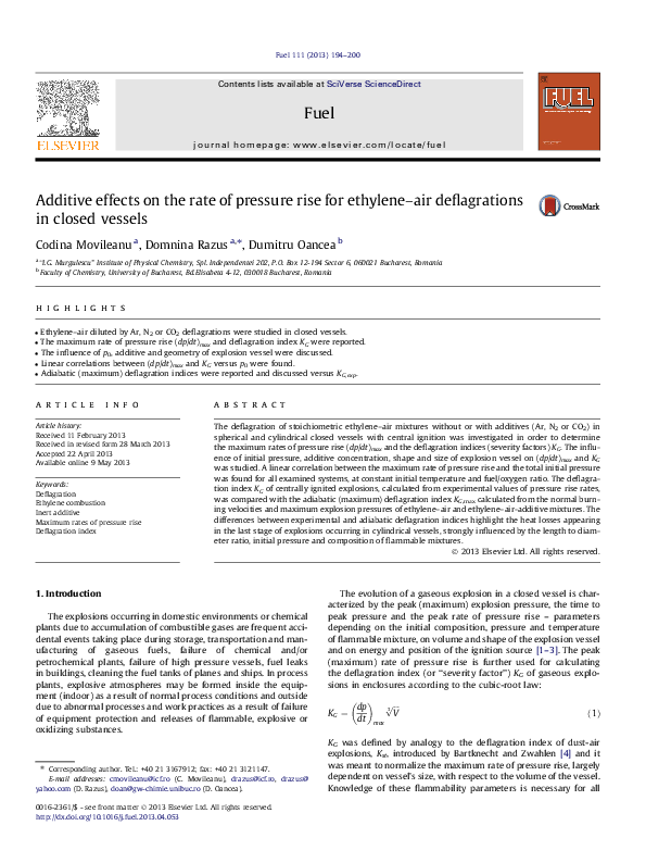 (PDF) Additive effects on the rate of pressure rise for ethylene–air ...