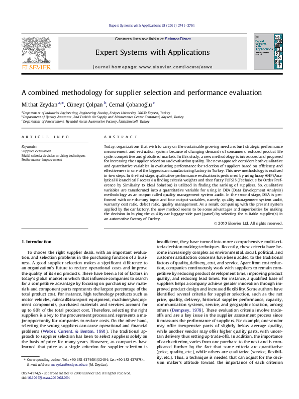 Pdf A Combined Methodology For Supplier Selection And Performance Evaluation