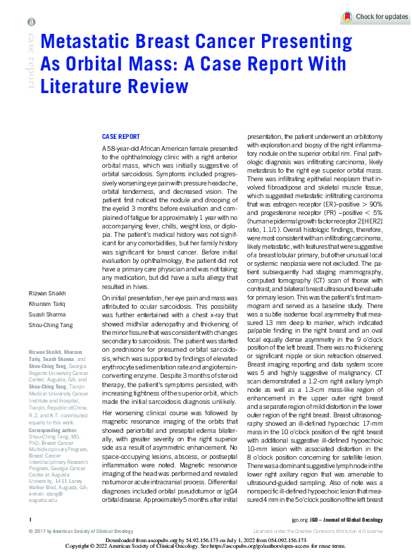 (PDF) Metastatic Breast Cancer Presenting As Orbital Mass: A Case Report With Literature Review