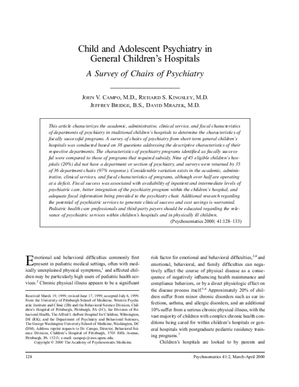 (PDF) Child and Adolescent Psychiatry in General Children's Hospitals