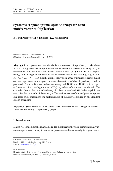 Pdf Synthesis Of Space Optimal Systolic Arrays For Band Matrix Vector Multiplication Michael 0604
