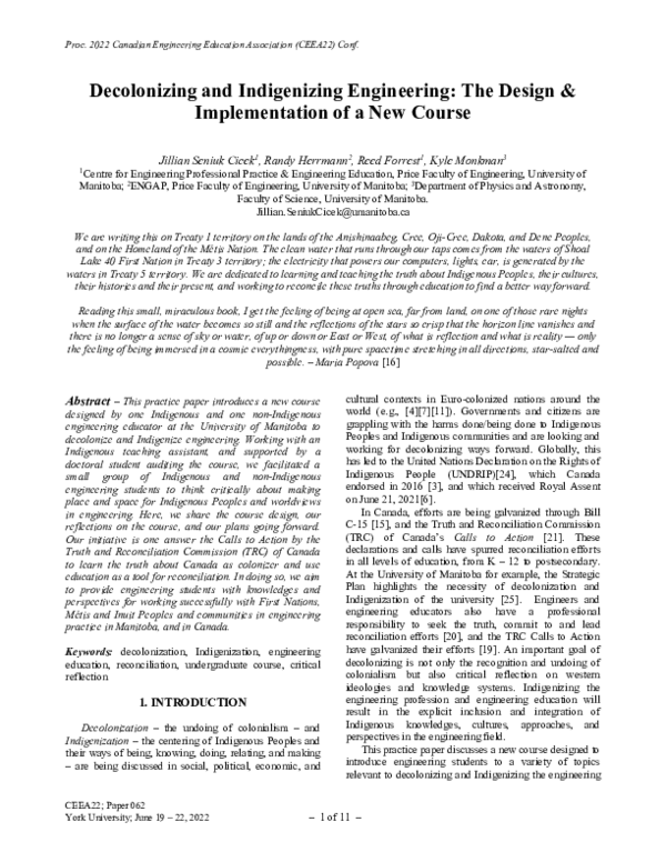 (PDF) Decolonizing and Indigenizing Engineering: The Design & Implementation of a New Course