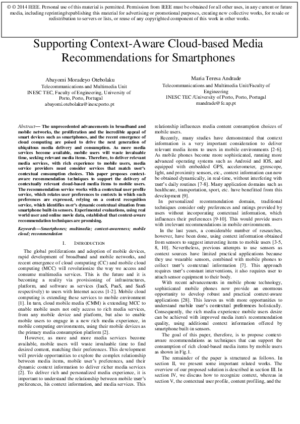 (PDF) Supporting Context-Aware Cloud-Based Media Recommendations for Smartphones