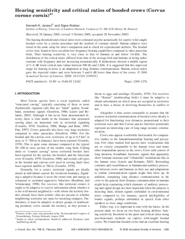 (PDF) Hearing sensitivity and critical ratios of hooded crows (Corvus corone cornix)