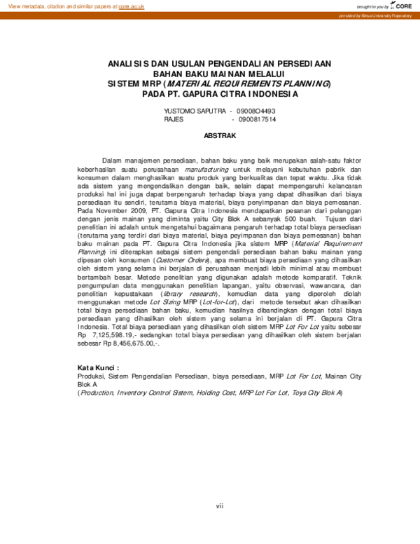 (PDF) Analisis Dan Usulan Pengendalian Persediaan Bahan Baku Mainan Melalui Sistem MRP (Material ...