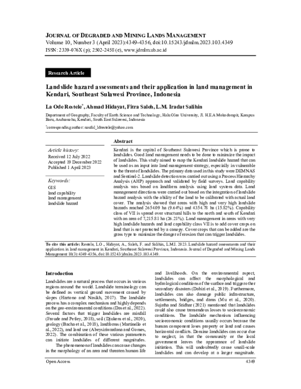 (PDF) Landslide hazard assessment and their application in land management in Kendari, Southeast ...