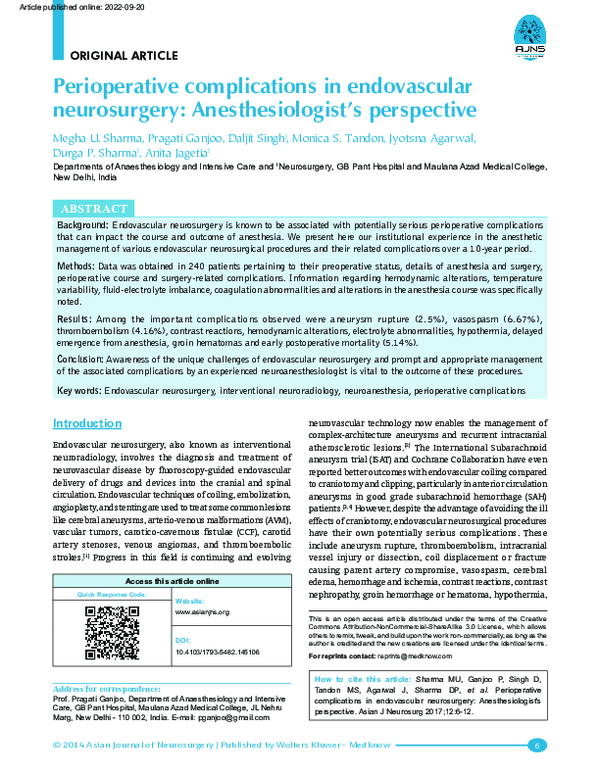 (PDF) Perioperative complications in endovascular neurosurgery ...