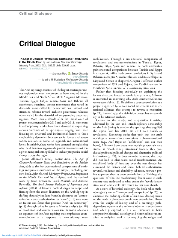 (PDF) Critical Dialogue on the Arab Uprisings
