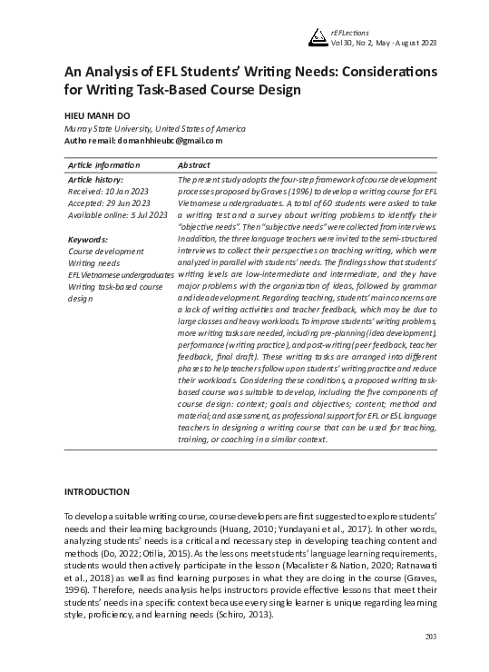 (PDF) An Analysis of EFL Students' Writing Needs: Considerations for Writing Task-Based Course ...