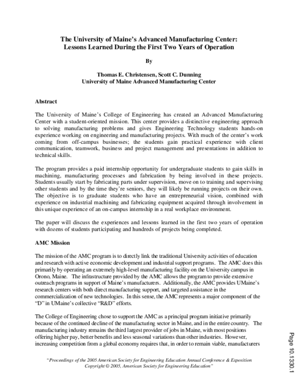 (PDF) The University of Maine's Advanced Manufacturing Center: Lessons ...