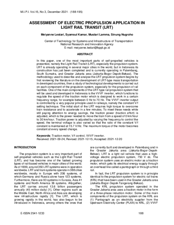 (PDF) Evaluating Electric Propulsion for Light Rail Transit Systems