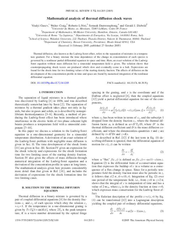 (PDF) Mathematical analysis of thermal diffusion shock waves