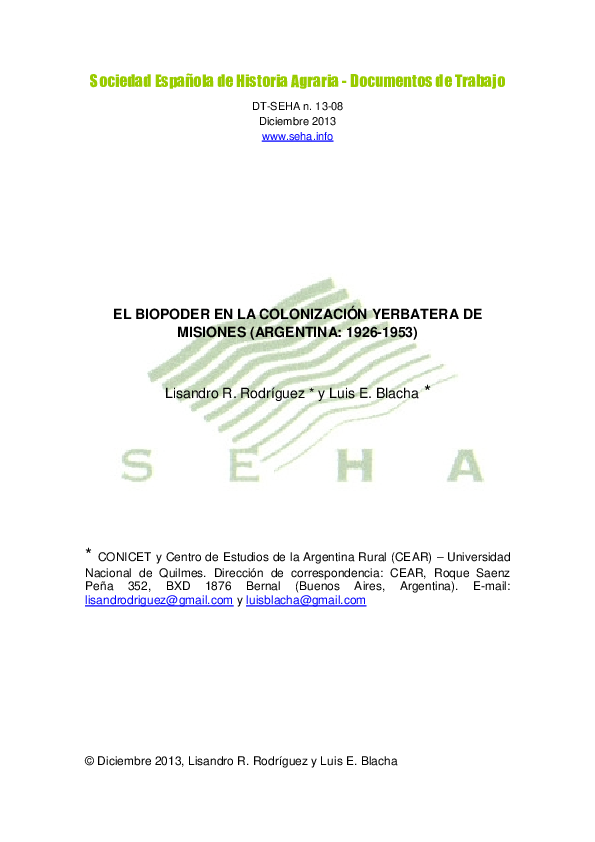 (PDF) El biopoder en la colonización yerbatera de Misiones (Argentina ...