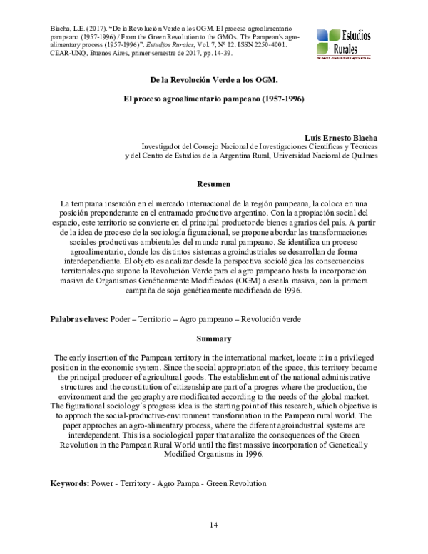 (PDF) De la Revolución Verde a los OGM. El proceso agroalimentario ...