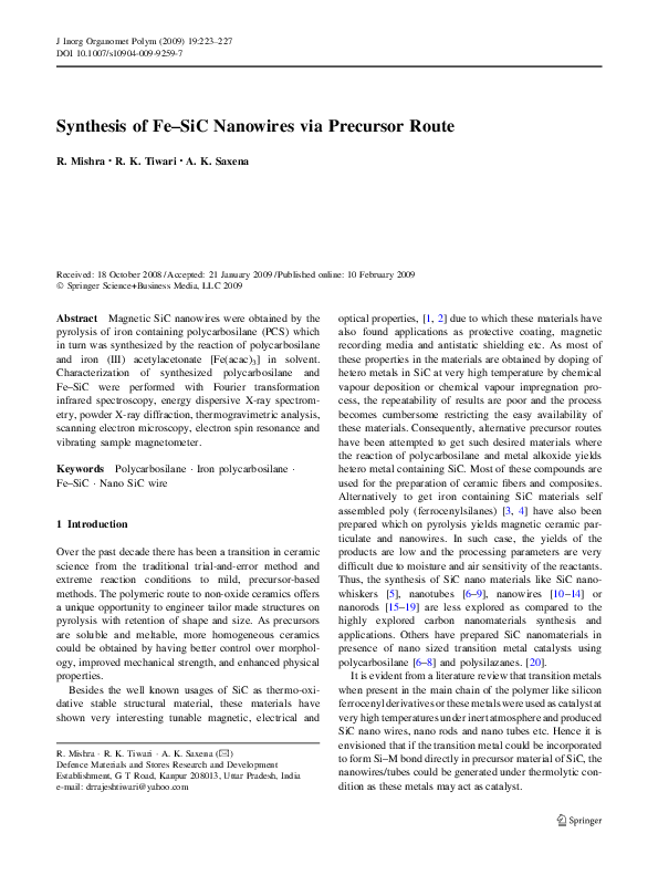 (PDF) Synthesis of Fe–SiC Nanowires via Precursor Route | Raghwesh ...