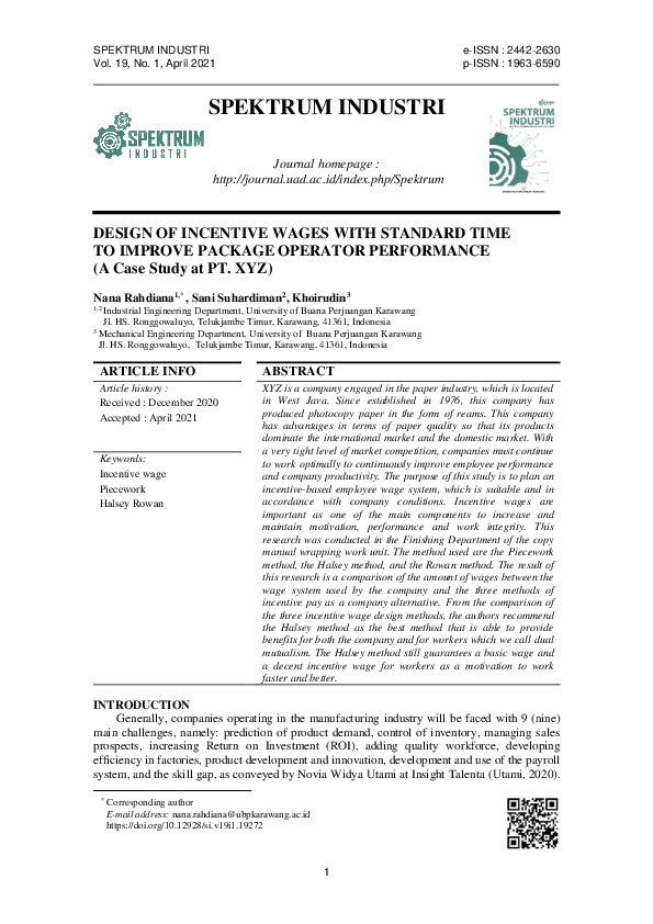(PDF) DESIGN OF INCENTIVE WAGES WITH STANDARD TIME TO IMPROVE PACKAGE OPERATOR PERFORMANCE (A ...
