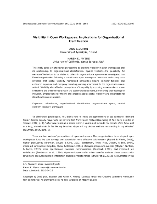 (PDF) Visibility in Open Workspaces: Implications for Organizational ...