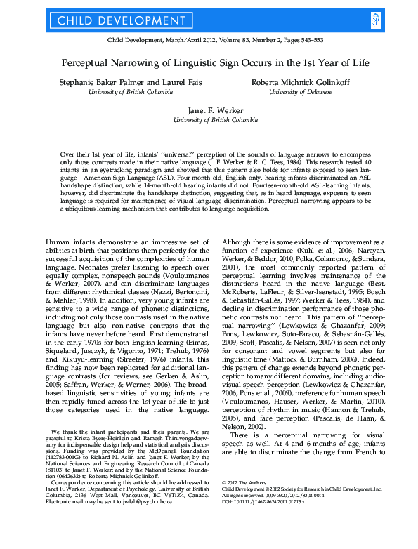 (PDF) Perceptual Narrowing of Linguistic Sign Occurs in the 1st Year of ...