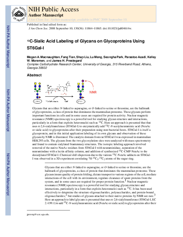 (PDF) 13C-Sialic Acid Labeling of Glycans on Glycoproteins Using ST6Gal-I
