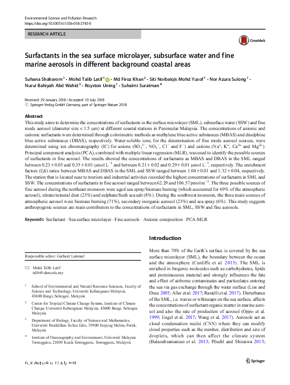 (PDF) Surfactants in the sea surface microlayer, subsurface water and ...