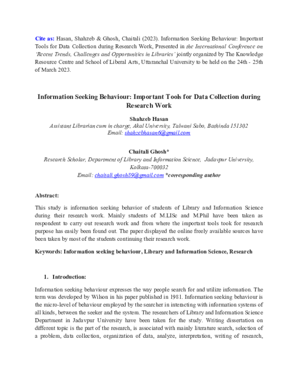 (PDF) Information Seeking Behaviour: Important Tools for Data ...