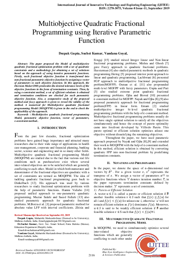 (PDF) Multiobjective Quadratic Fractional Programming using Iterative Parametric Function