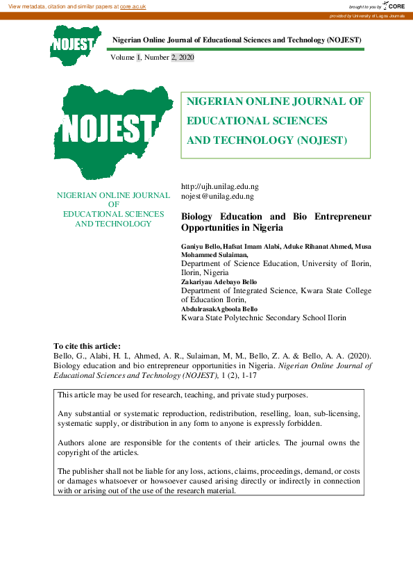 (PDF) Biology Education and Bio Entrepreneur Opportunities in Nigeria