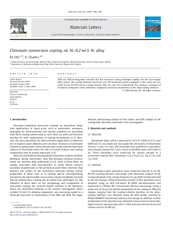(PDF) Chromate conversion coating on Al–0.2wt.% Fe alloy