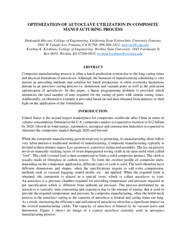 Pdf Optimization Of Autoclave Utilization In Composite Manufacturing Process