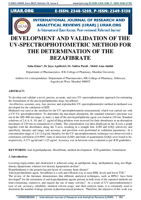 Pdf Development And Validation Of The Uv Spectrophotometric Method For The Determination Of