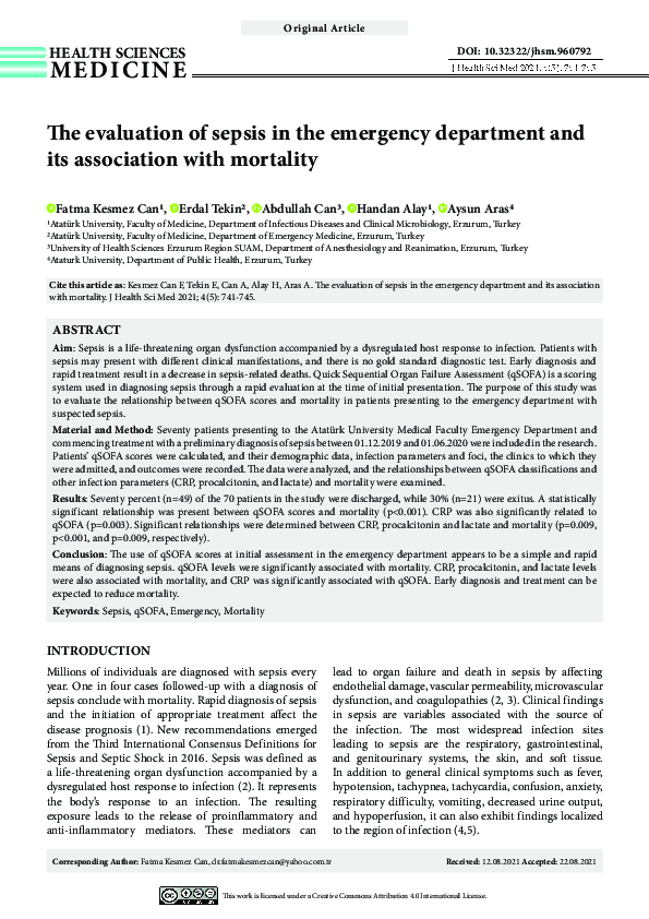 Pdf The Evaluation Of Sepsis In The Emergency Department And Its Association With Mortality